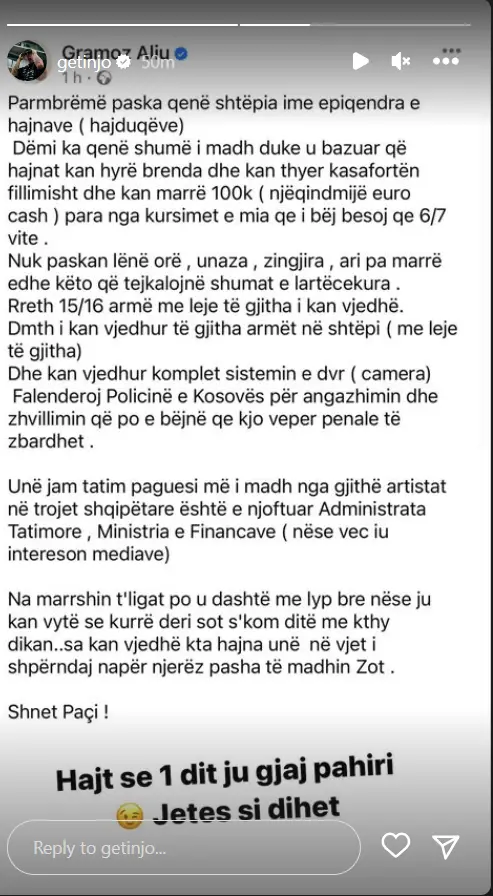 Grabitet shtëpia e Mozzikut, reagon Getinjo Grabitet shtëpia e Mozzikut, reagon Getinjo
