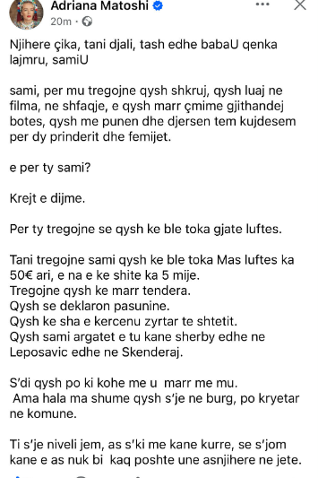 Adriana Matoshi godet Sami Lushtakun me një reagim të ashpër